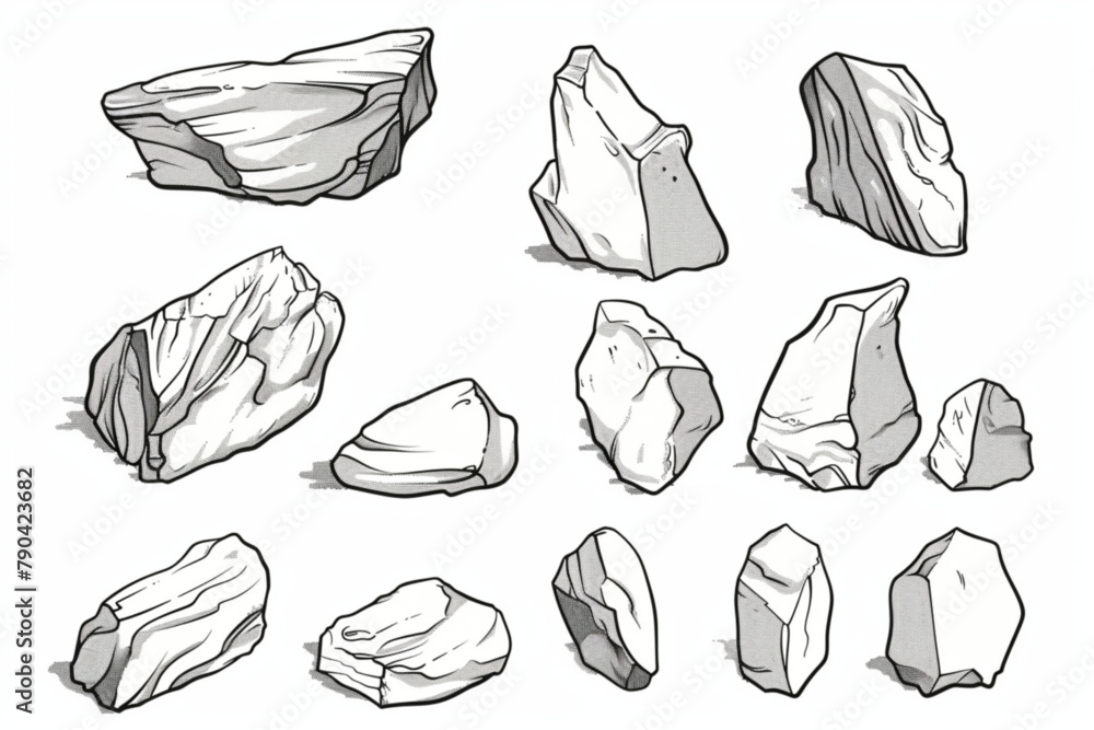 Minimal sketch style cad rock, stone line drawing, Side view, set of ...