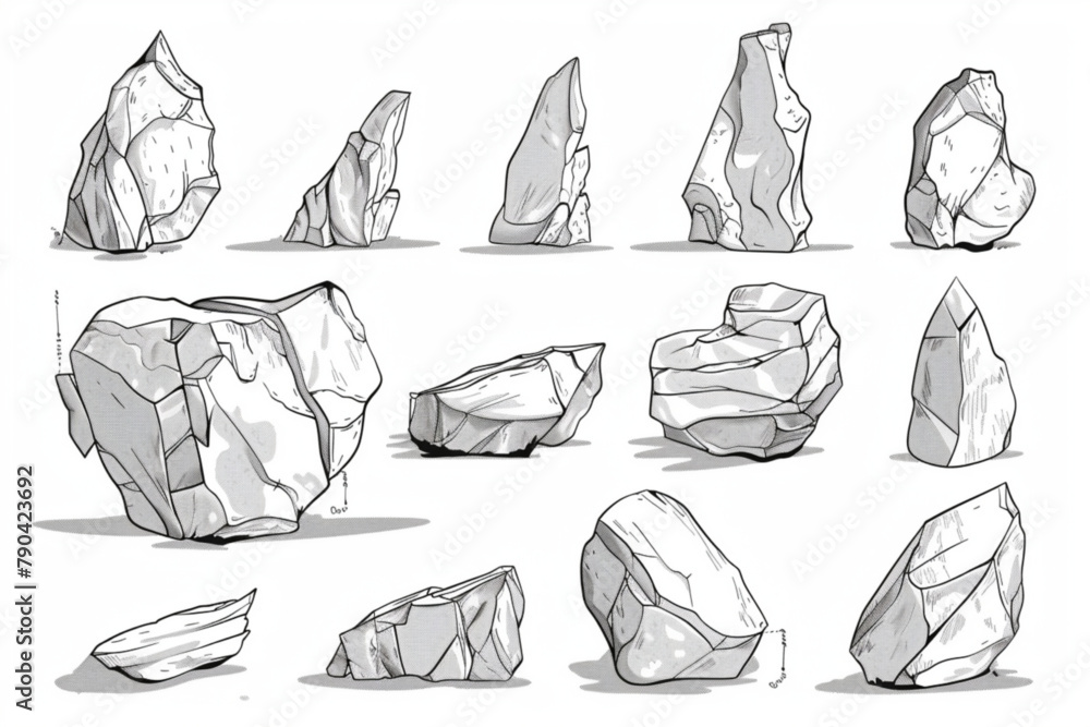 Minimal sketch style cad rock, stone line drawing, Side view, set of ...
