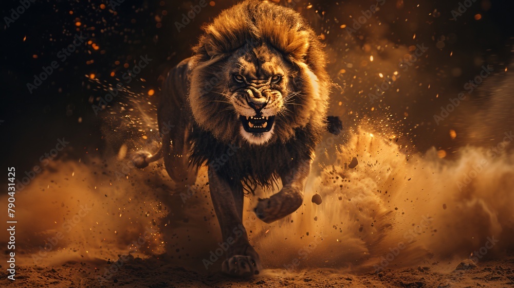 An angry lion with an open mouth. expression of anger. Portrait of a ...