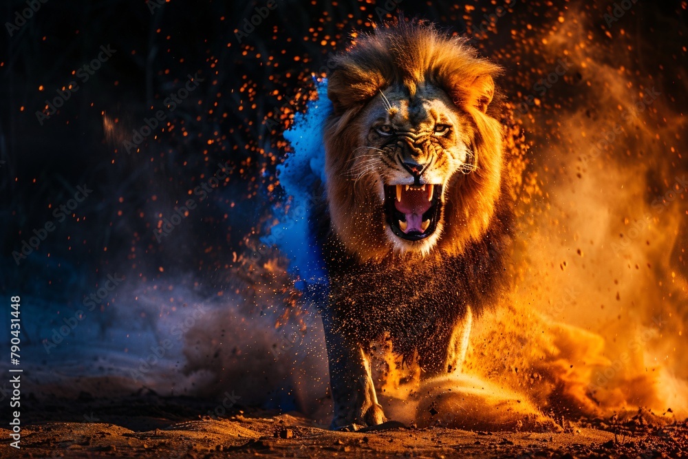 An angry lion with an open mouth. expression of anger. Portrait of a ...