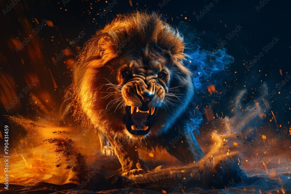 An angry lion with an open mouth. expression of anger. Portrait of a ...