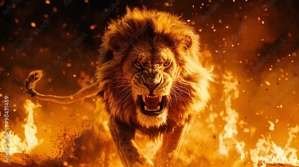 An angry lion with an open mouth. expression of anger. Portrait of a ...