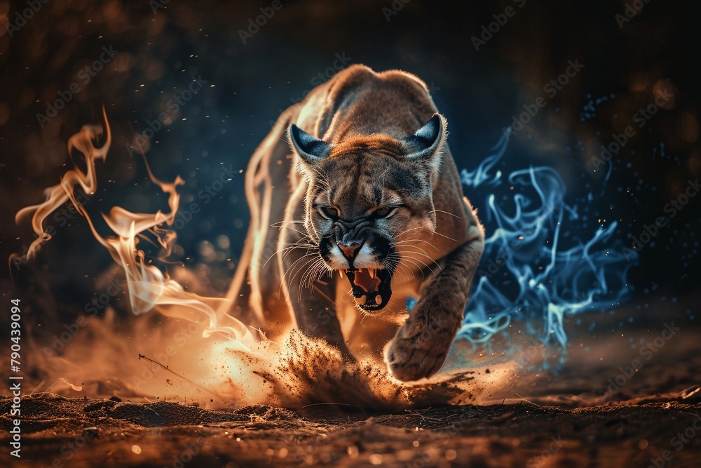 Angry puma with open mouth and fiery mane, jumping, blue fire flames ...