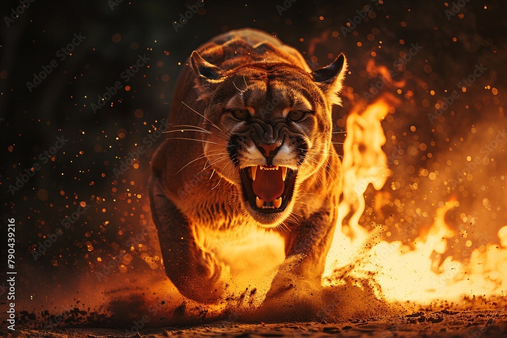 Beautiful big puma with fire on black background. Wildlife scene. Angry ...