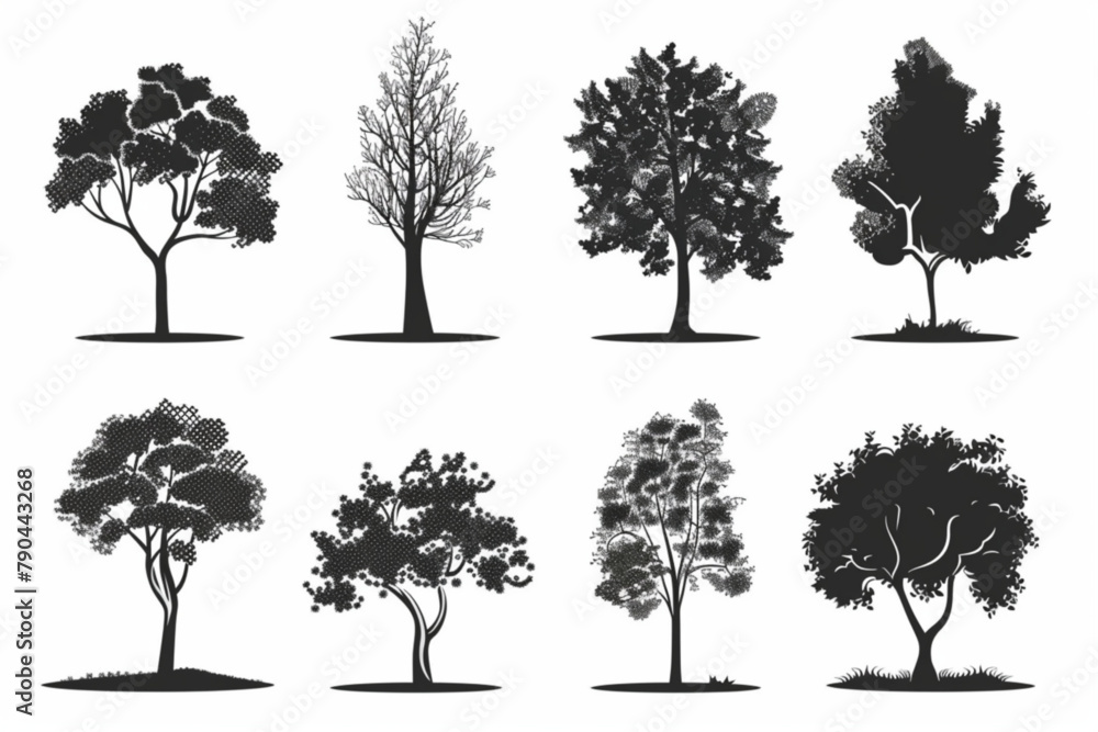 silhouette tree line drawing set, Side view, set of graphics trees ...