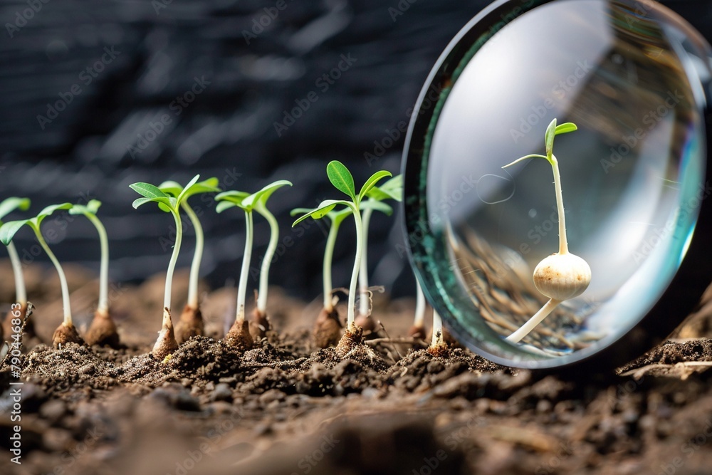 A row of planted seeds with one sprouting much taller than others ...