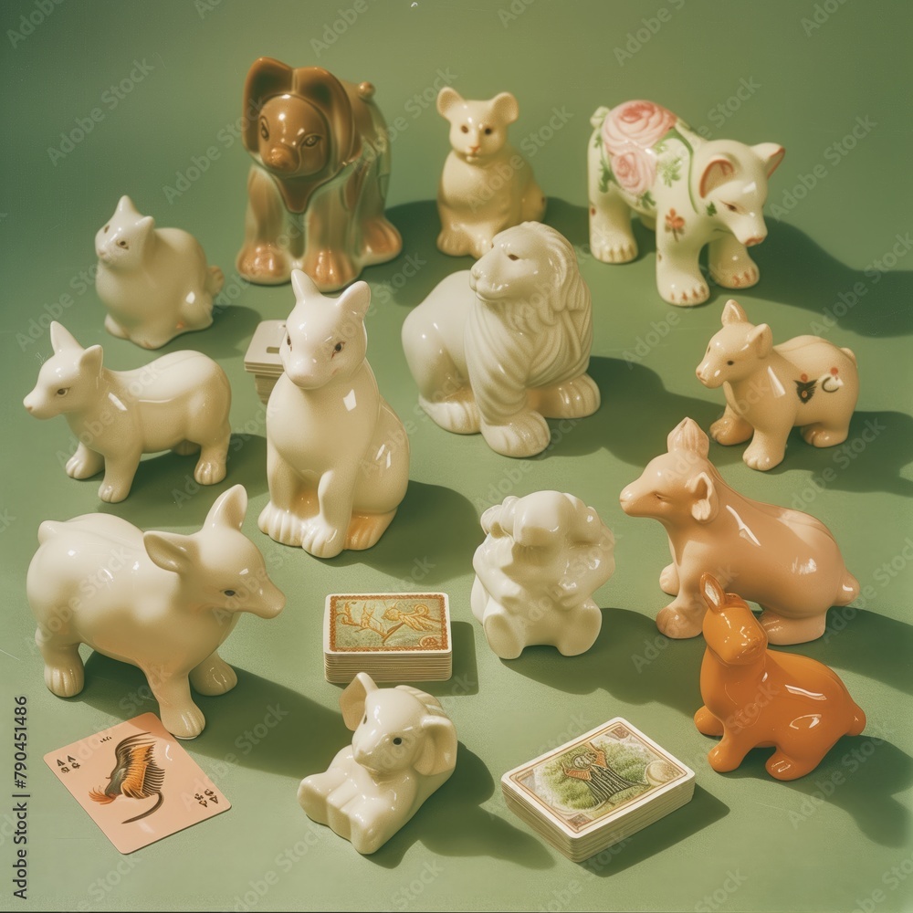 Vintage Porcelain Animal Figurines Collection with Playing Cards Stock ...