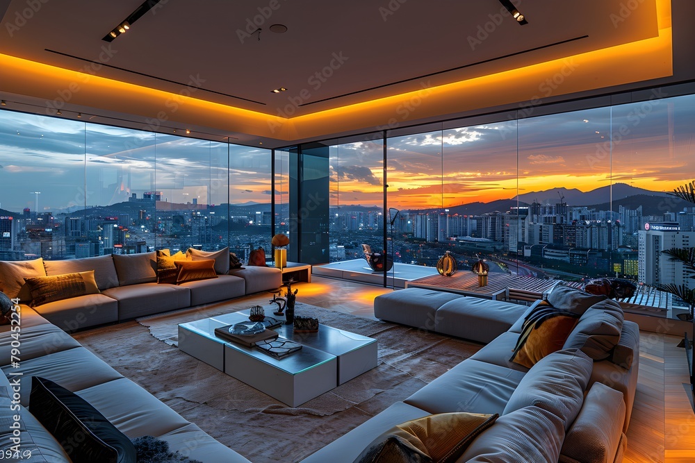 This is a photo of a luxurious office interior with floor-to-ceiling ...