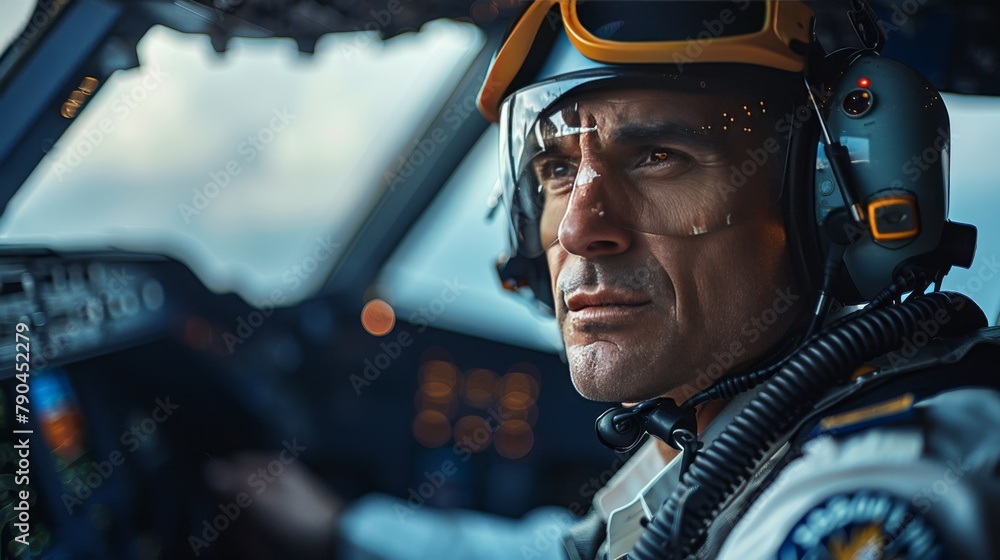 Aircraft cockpit view pilot in command operating controls within the ...