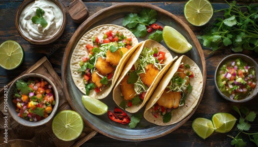Top view, A plate of crispy fish tacos, with flaky white fish fillets ...