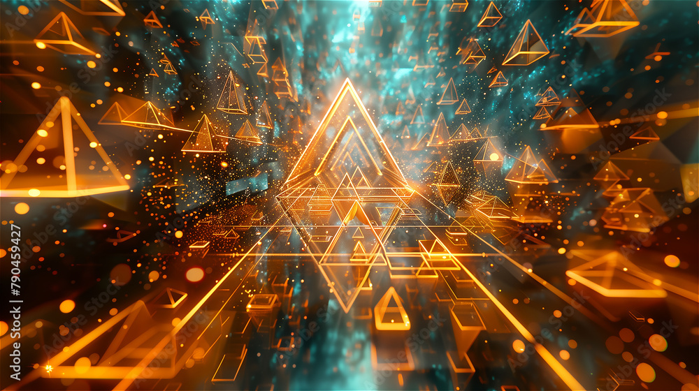 abstract golden dark light triangles background; a dynamic array of ...