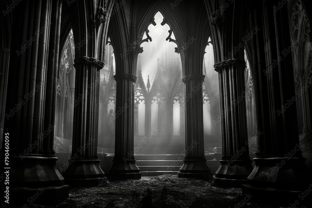 A dark, gothic cathedral featuring towering columns and intricate ...