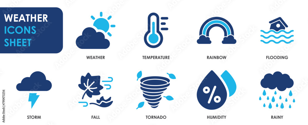 Weather icon set. Containing temperature, sun, rain, flooding, tornado ...