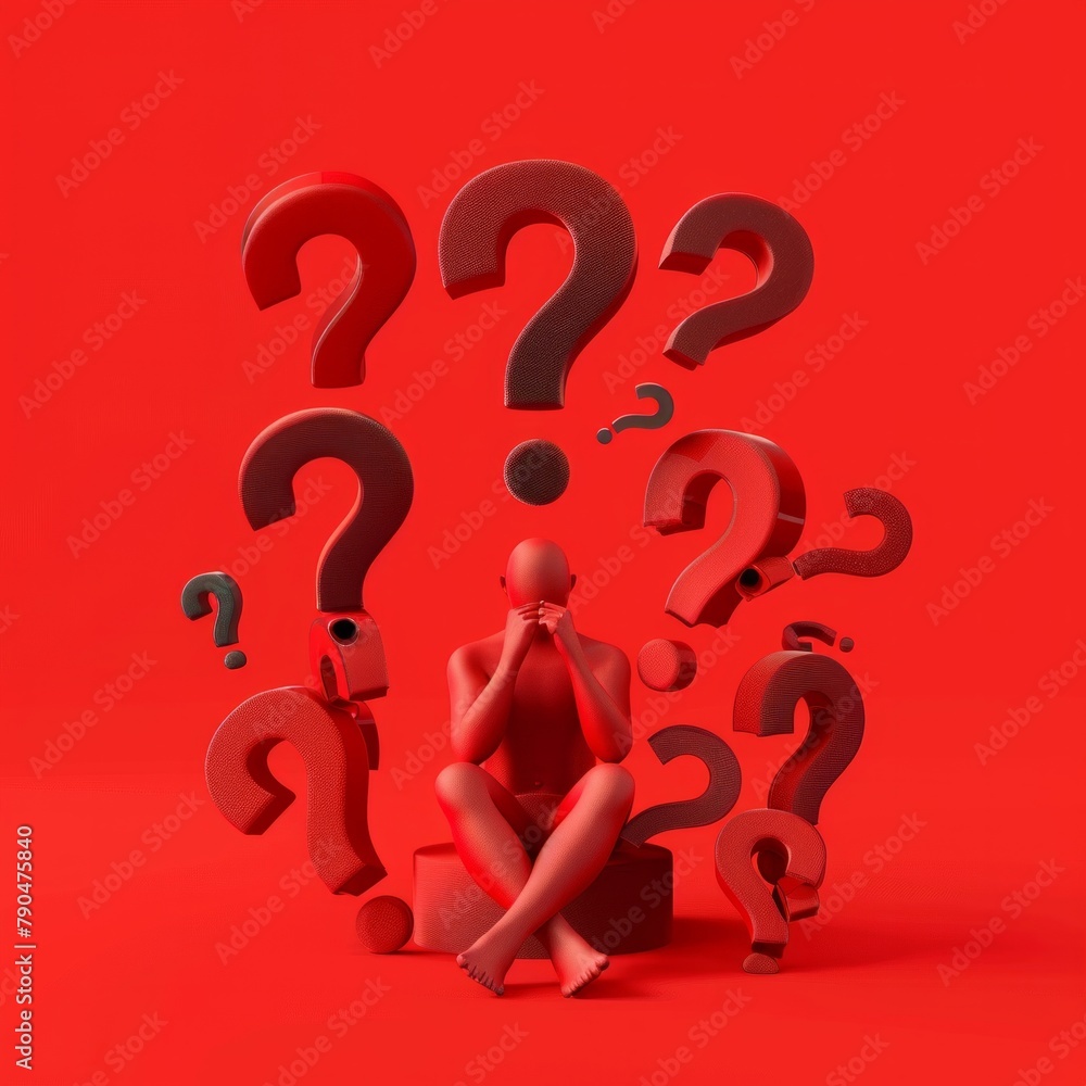 Design a 3D icon of a figure seated and surrounded by towering red ...