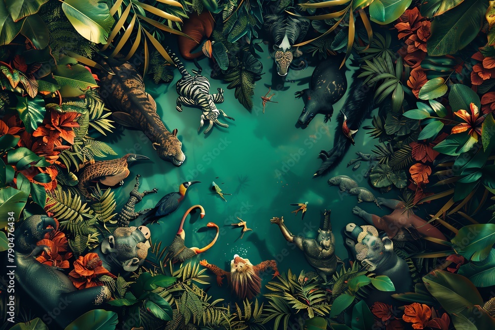 Illustrate a top-down perspective of various animals working together ...
