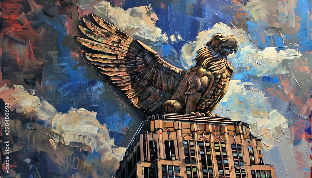 Imagine a sphinx perched atop the Empire State Building, seen from a ...