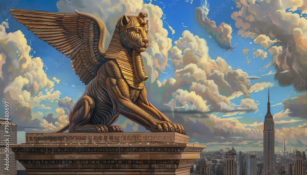 Imagine a sphinx perched atop the Empire State Building, seen from a ...