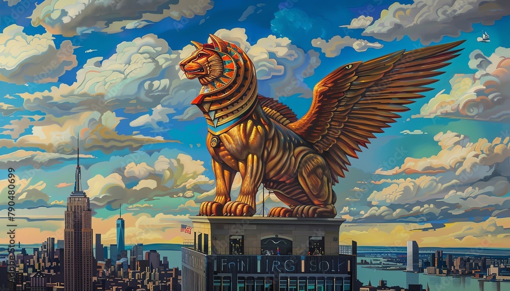 Imagine a sphinx perched atop the Empire State Building, seen from a ...