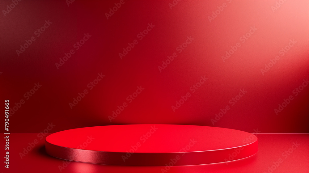 3d render of minimal red background with empty round podium platform ...