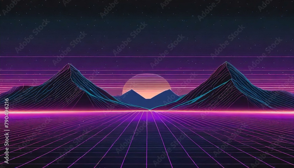 Retro Sci-Fi Background Futuristic landscape of the 80s. Digital Cyber ...