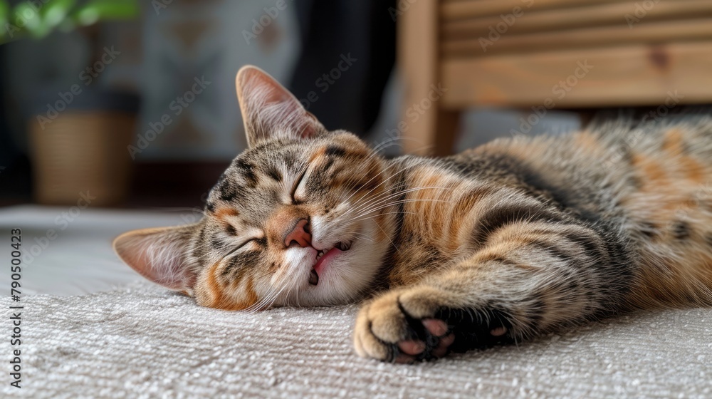 Tabby cat sleeping peace fully on the floor. its mouth open with tongue ...