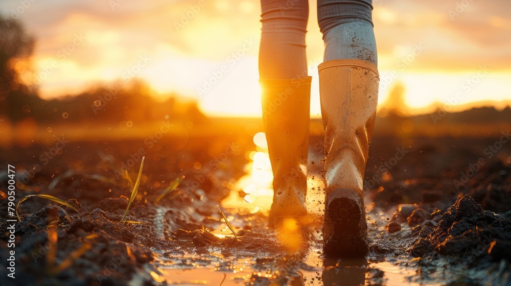 Farmer feet walks across a black field. agriculture business concept ...
