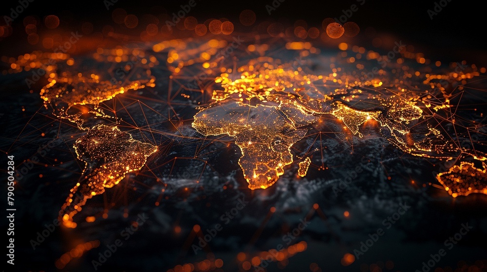 Global connectivity visualized on a digital world map, glowing ...