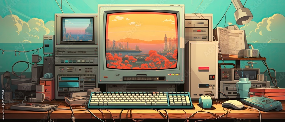 Brightly colored illustration of a vintage desktop computer setup ...