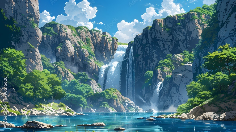 Enchanting illustration of a majestic waterfall cascading from a lofty ...
