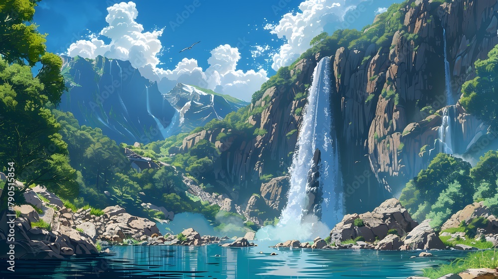 Breathtaking depiction of a waterfall plunging from a steep cliff in ...