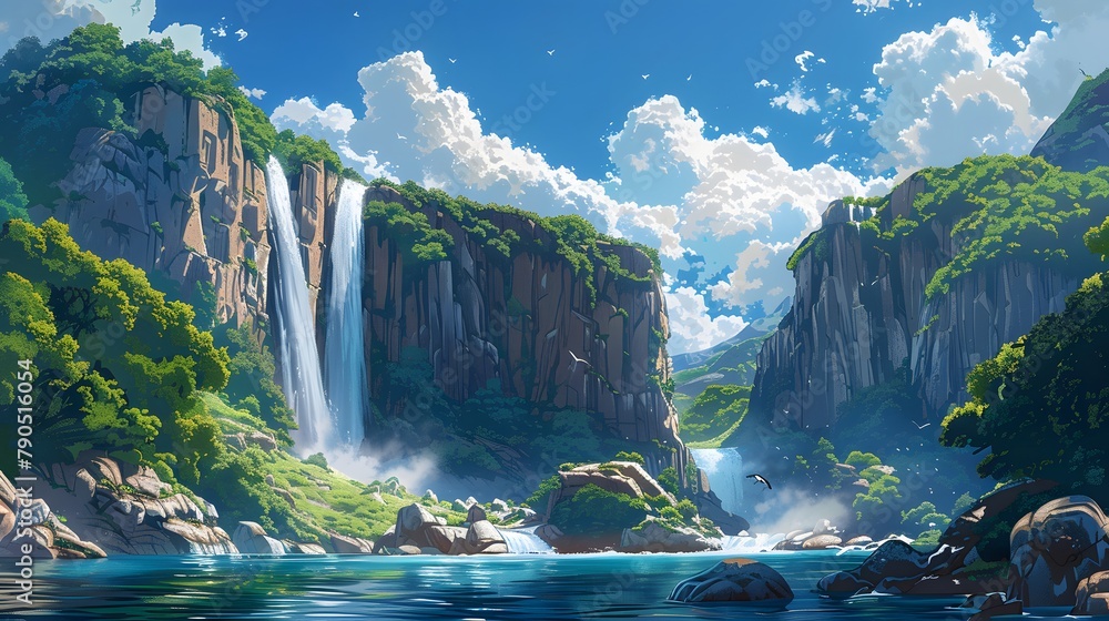 Captivating illustration of a cascading waterfall flowing from a high ...