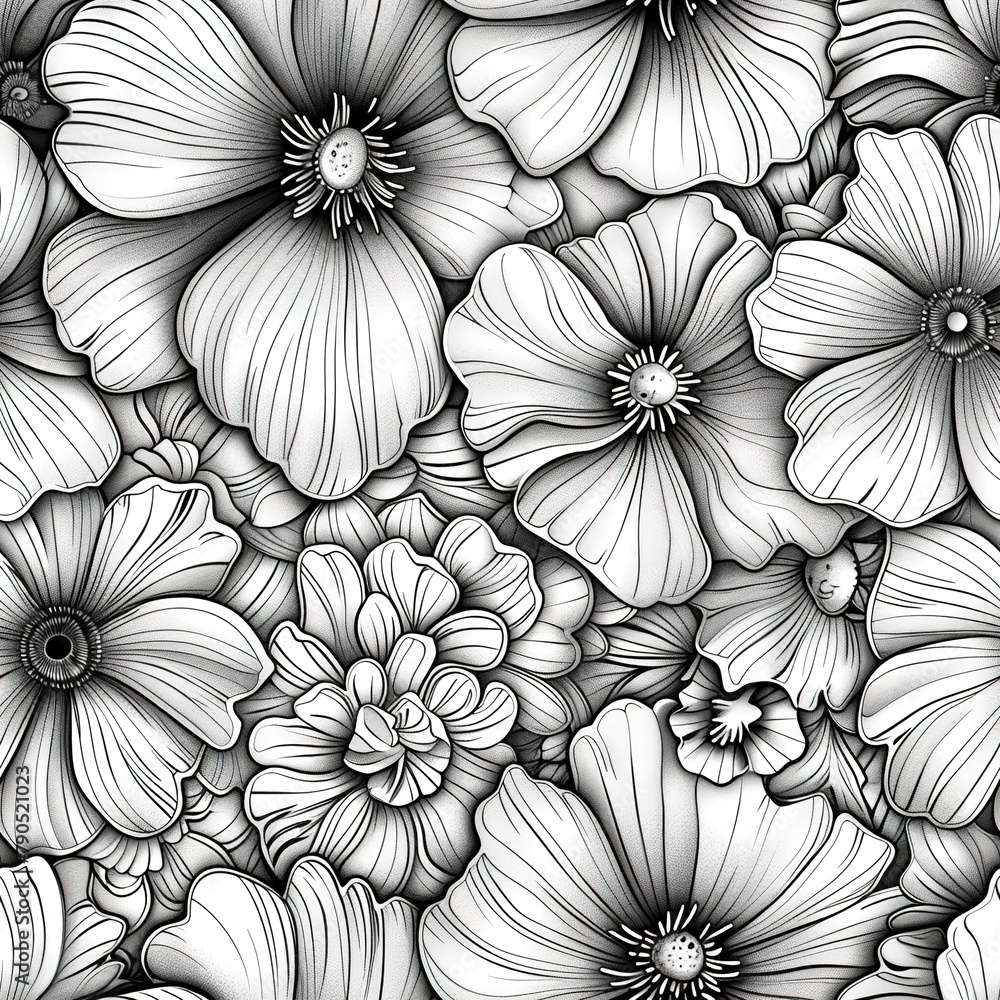 Seamless 3D floral outlines, filled with intricate doodle patterns ...