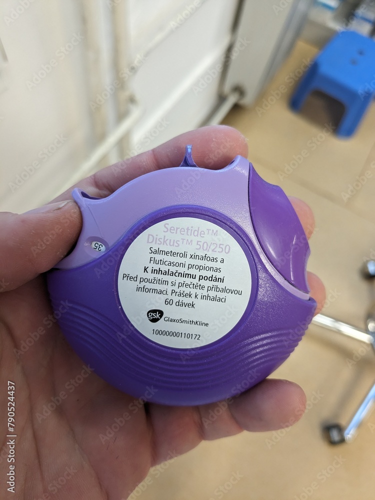 Prague,Czech republic-May 2 2024:SERETIDE DISKUS Accuhaler box with ...