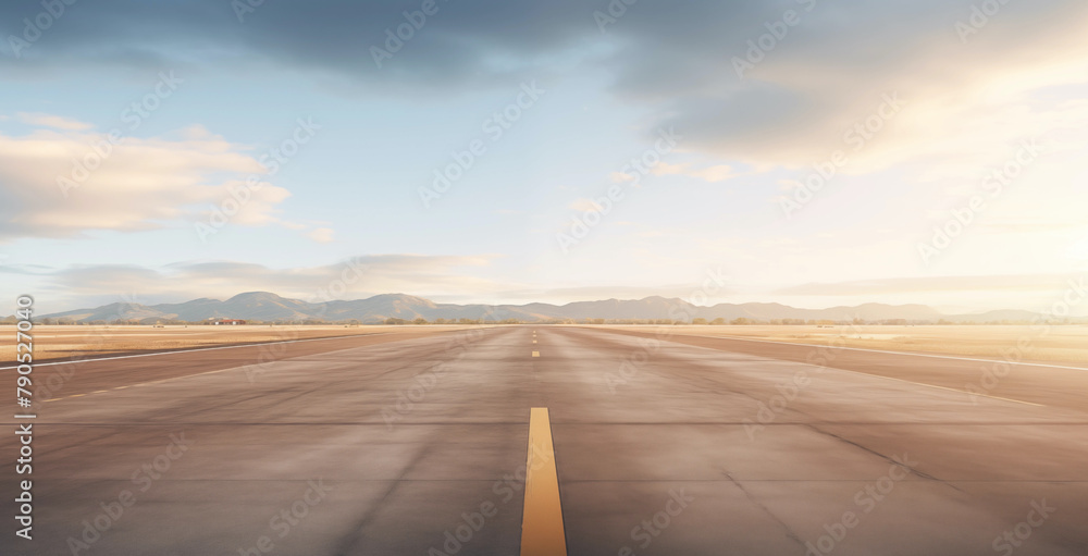 Runway. Large, open tarmac with yellow dashed lines at golden hour dusk ...