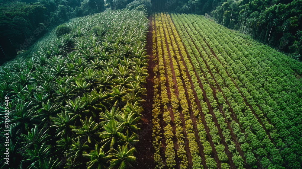 Visual comparison between vast monoculture agriculture expanses and ...