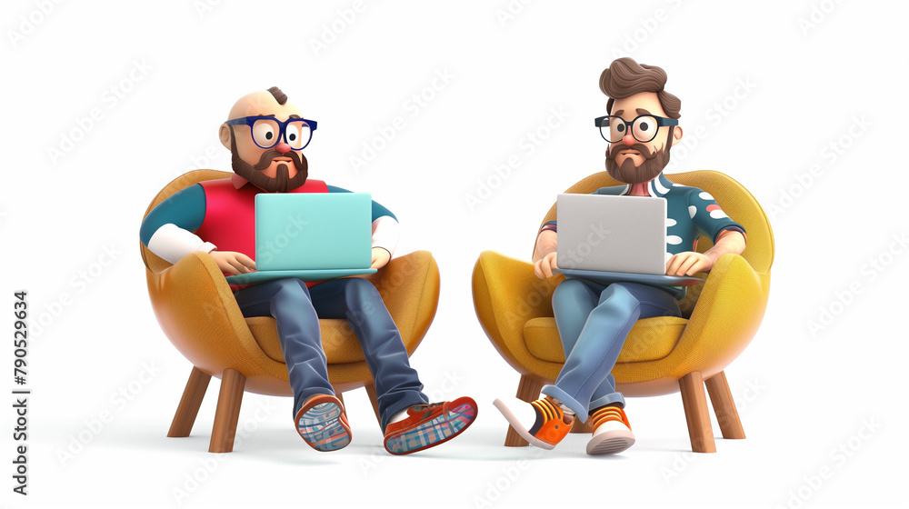 Cartoon team collaborates on laptops. Brainstorming, teamwork. Vector ...