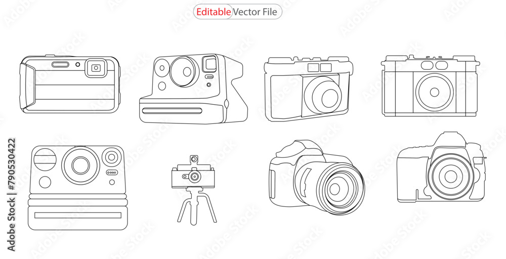 Vector linear camera. Photo artist hand drawing on black background ...