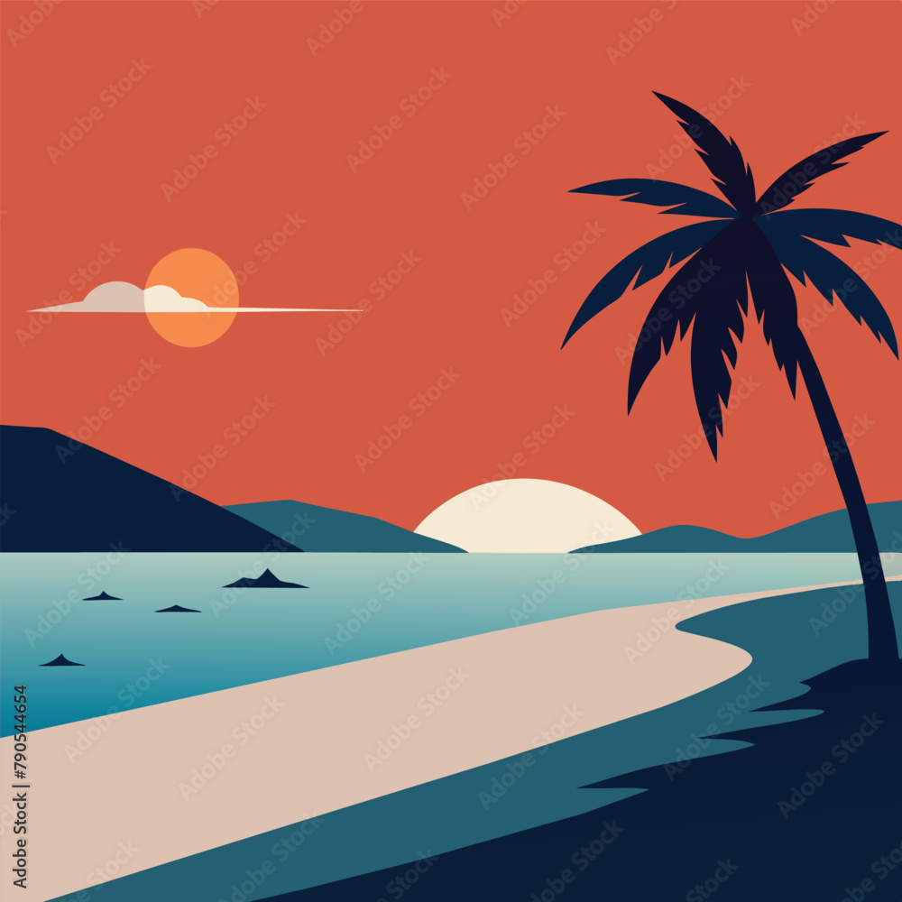 vector beach sunset vector illustration summer background,summer ...