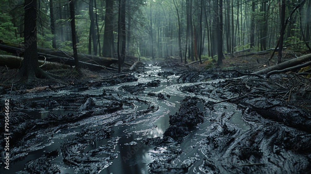 A large ink spill spreading over a forest floor, slowly turning the ...