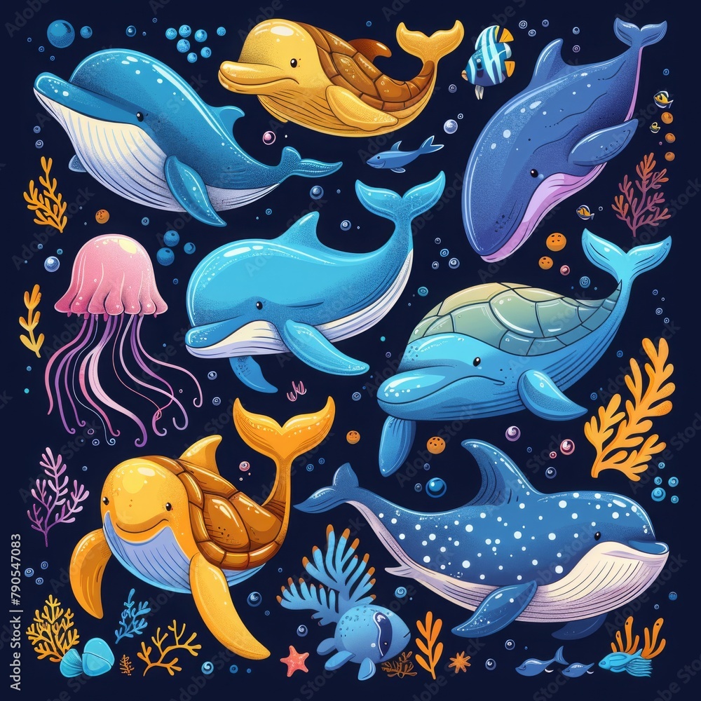An illustration featuring a playful assembly of sea creatures including ...