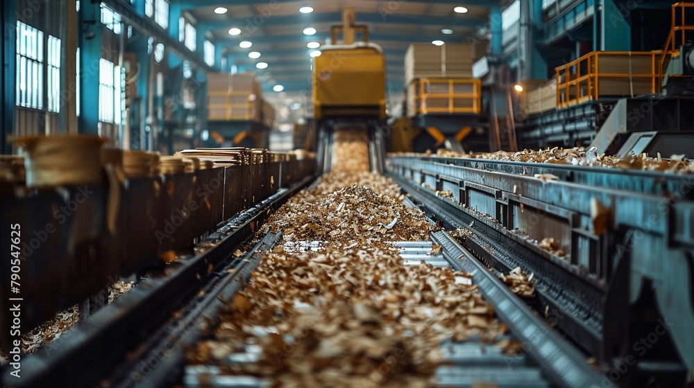 A long conveyor belt carrying stacks of paper ending in a large ...
