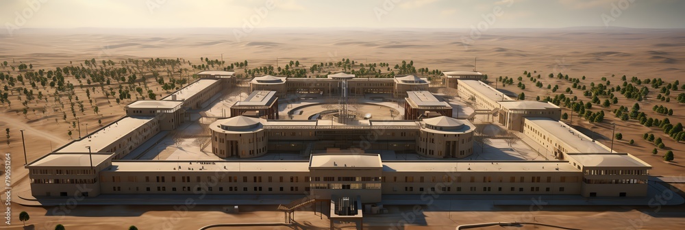 Aerial view of a modern highsecurity prison facility, imposing walls ...