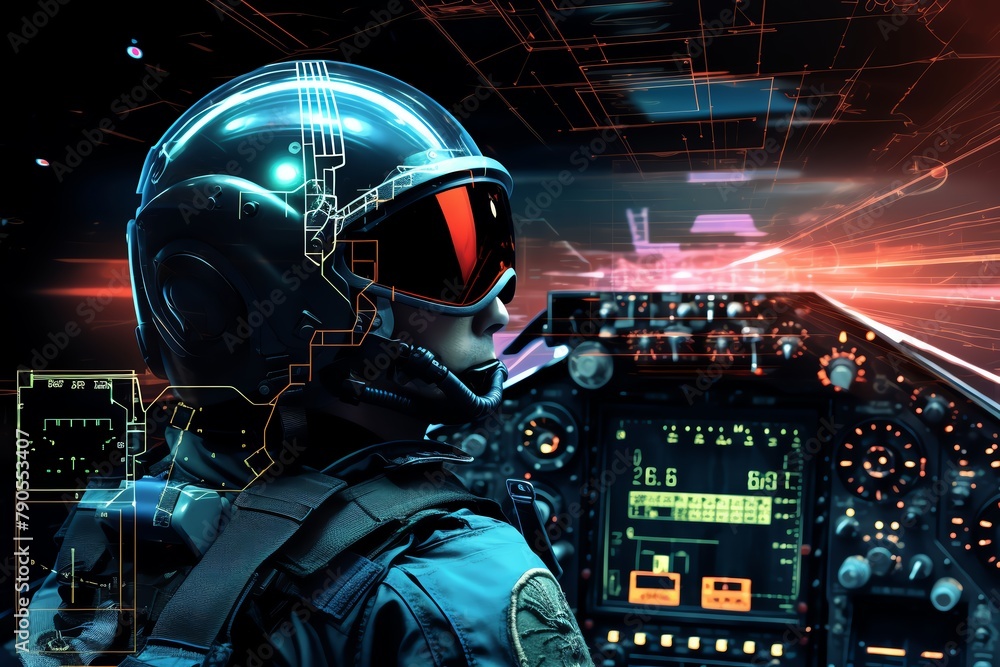 Pilot in a fighter jet cockpit viewing a sophisticated HUD with ...
