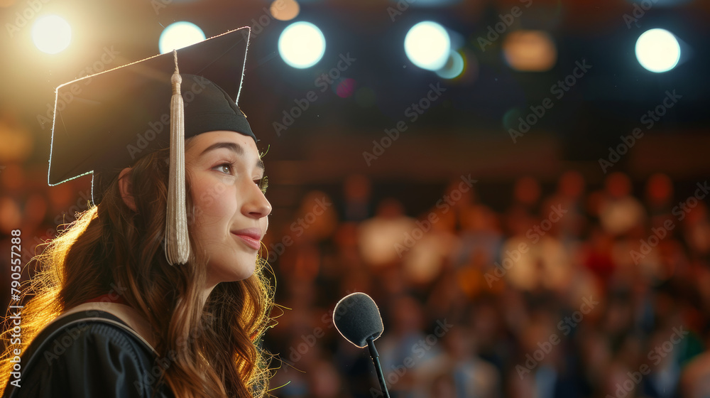Valedictorian young student woman giving graduation speech to other ...