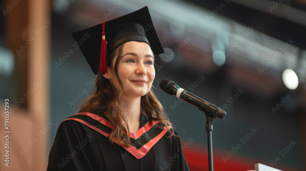 Valedictorian young student woman giving graduation speech to other ...