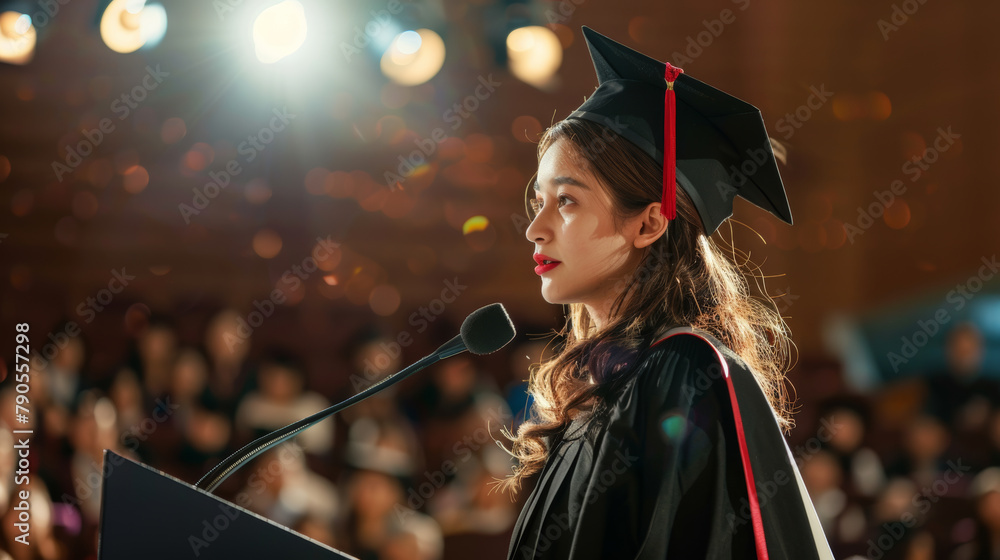 Valedictorian young student woman giving graduation speech to other ...