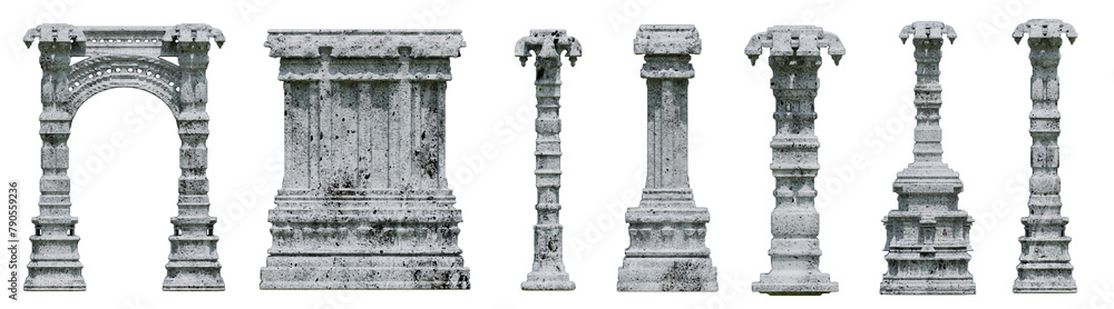 Set of Low polygon Old classic stone column, Arch door and wall with ...