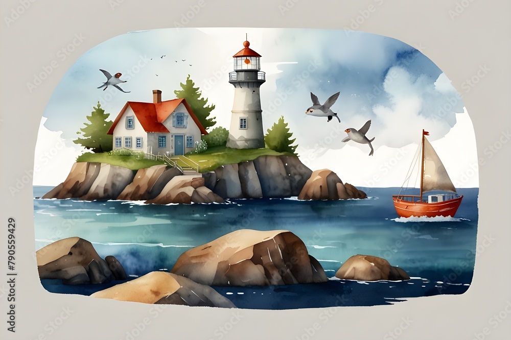 Funny sea animals characters, fishing boat and lighthouse on stones ...