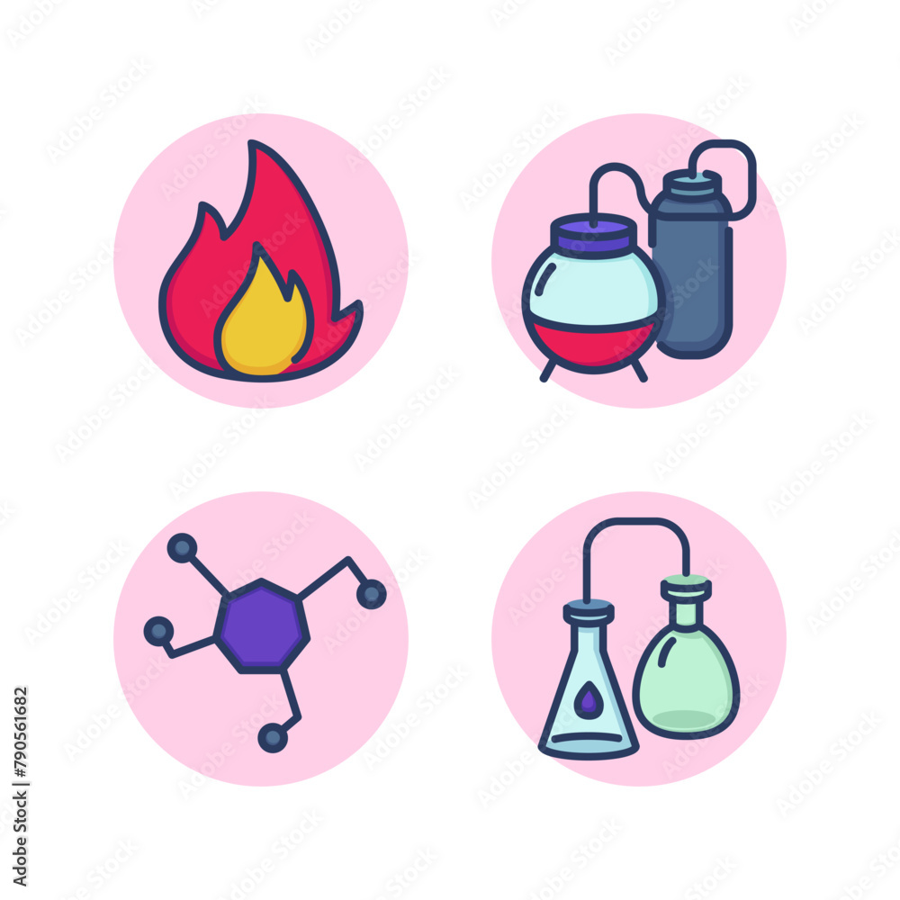 Chemical fuel refining process line icon set. Fire, fuel, chemical ...