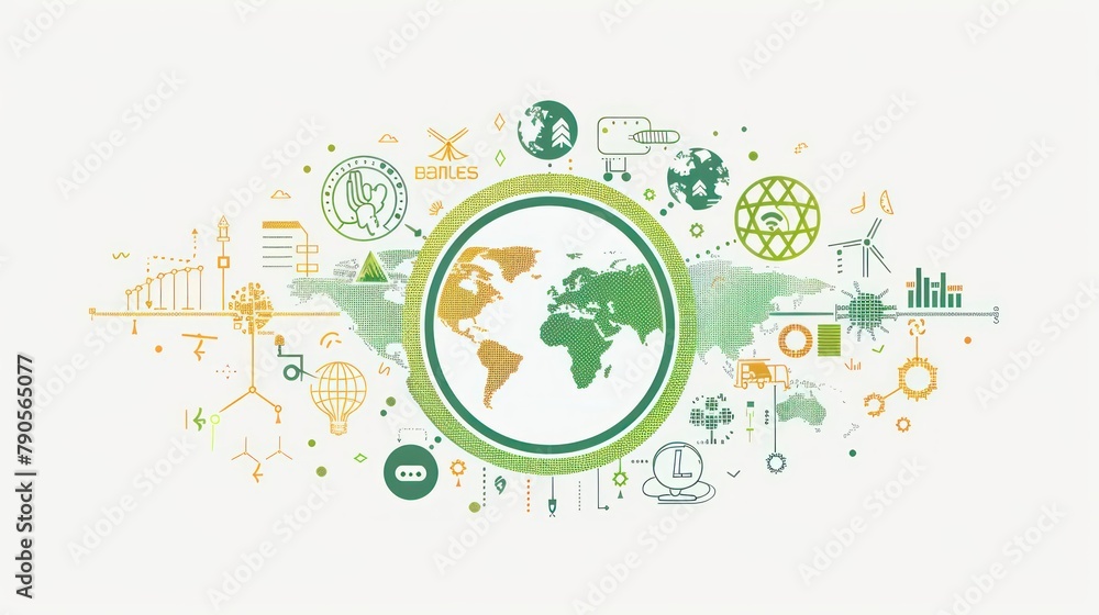 sutainability, world in the middle, around symbols of sustainability ...